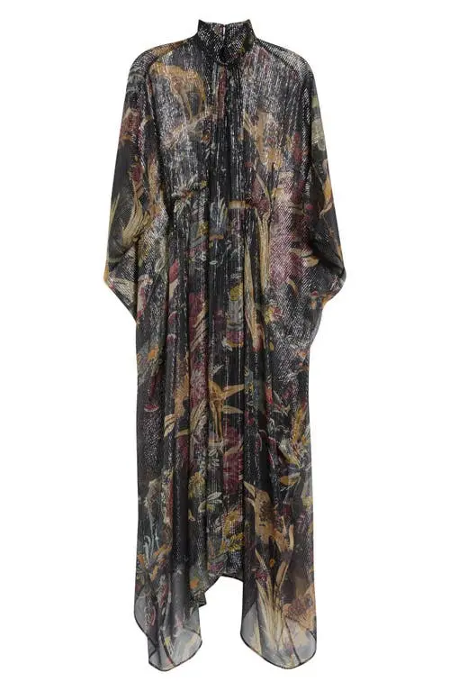 Etro Metallic Stripe Print Silk Chiffon Dress