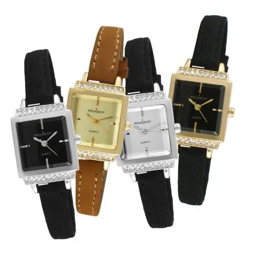 PEUGEOT Small Face Crystal Bezel Suede Watch- 22mm - Black