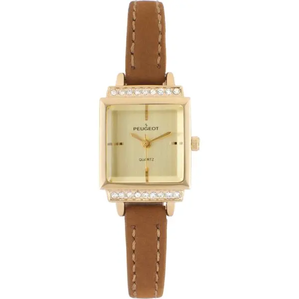 PEUGEOT Square Crystal Bezel Suede Watch 22mm - Brown