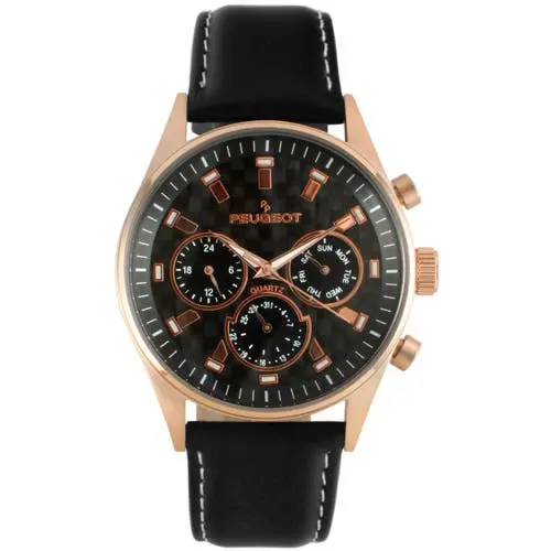 PEUGEOT Dynamic Multi Function Carbon Fiber Dial Leather Watch- 43mm - Black