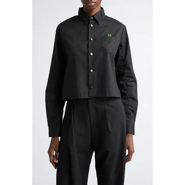 Undercover Boxy Cropped Shirt With Ruched Sleeves And Beaded Logo - Black