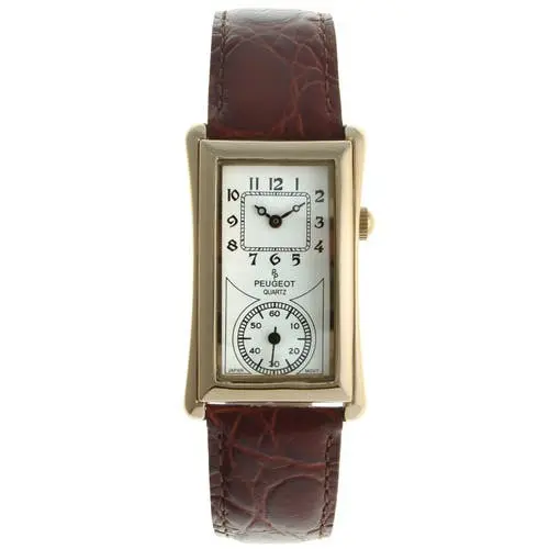 PEUGEOT Vintage Rectangular Leather Strap Watch - Brown