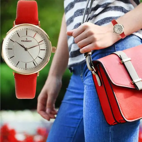 PEUGEOT Modern Round Calfskin Leather Watch- 30mm - Red