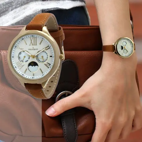 PEUGEOT Sun Moon Multi Function Suede Strap Watch38mm