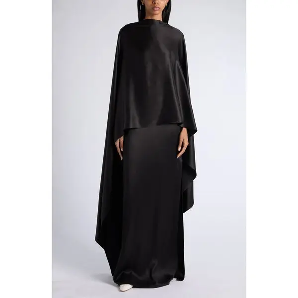 Bottega Veneta Fluid Silk Satin Cape Maxi Dress