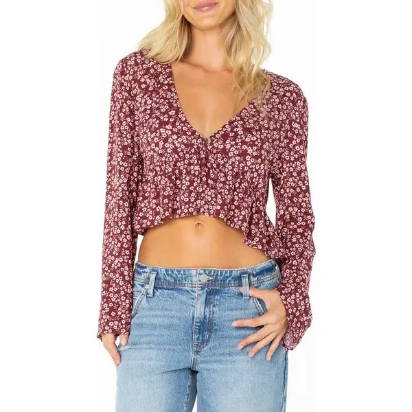 Roxy Night Sky Floral Long Sleeve Crop Top - Port