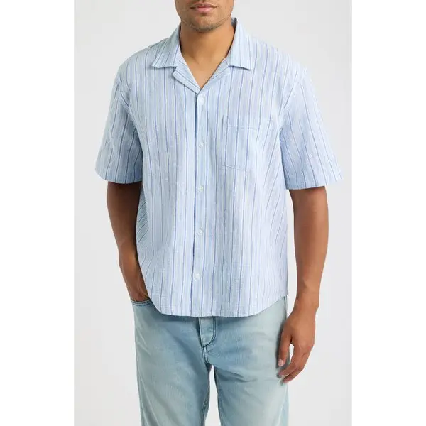 CORRIDOR Stripe Cotton & Linen Camp Shirt - Blu