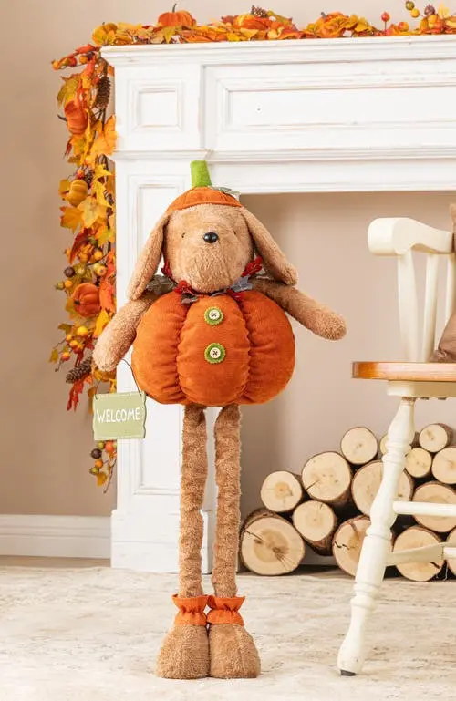 GLITZHOME Fall Fabric Highland Cow Pumpkin Dog Porch Decor With Telescoping Legs