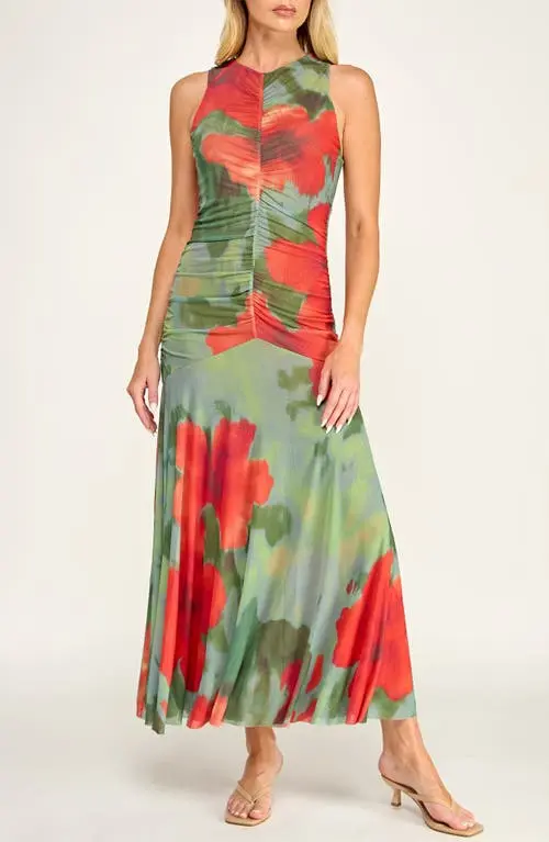 SOCIALITE Ruched Zebra Print Mesh Midi Dress - Green/orange
