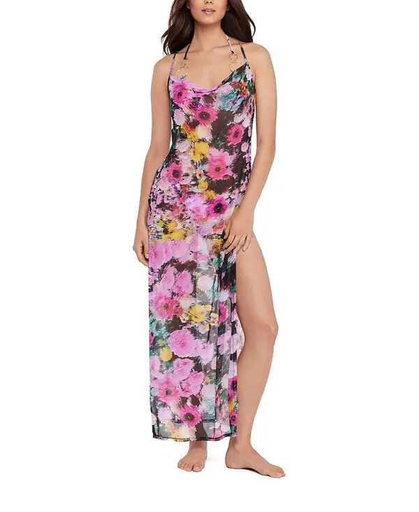 Steve Madden Mesh Cowl Neck Maxi Dress With High Slits Cover Up - Multi