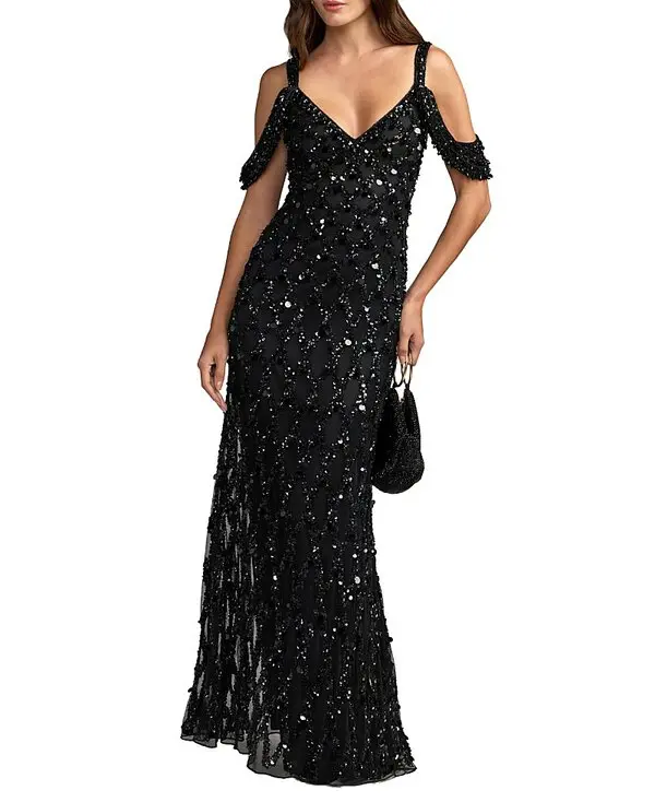 Mac Duggal Sequin Embellished V-neck Gown - Black