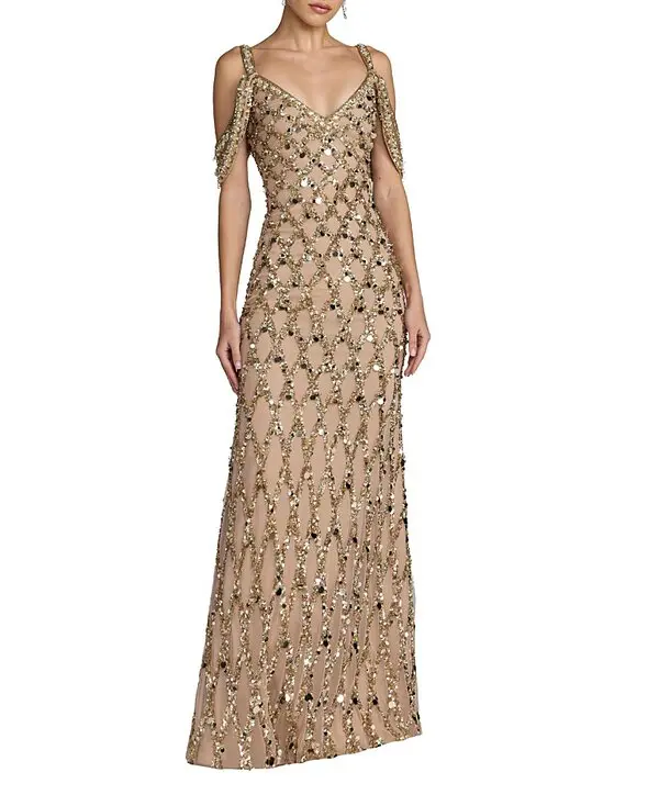 Mac Duggal Sequin Embellished V-neck Gown - Gold