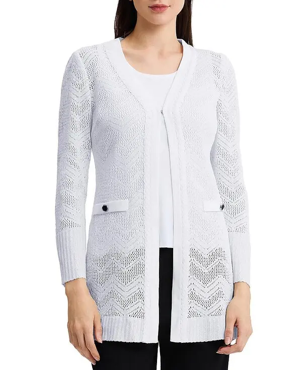 Misook Heritage Pointelle Braided Trim Knit Cardigan