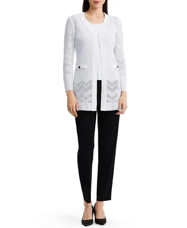 Misook Heritage Pointelle Braided Trim Knit Cardigan
