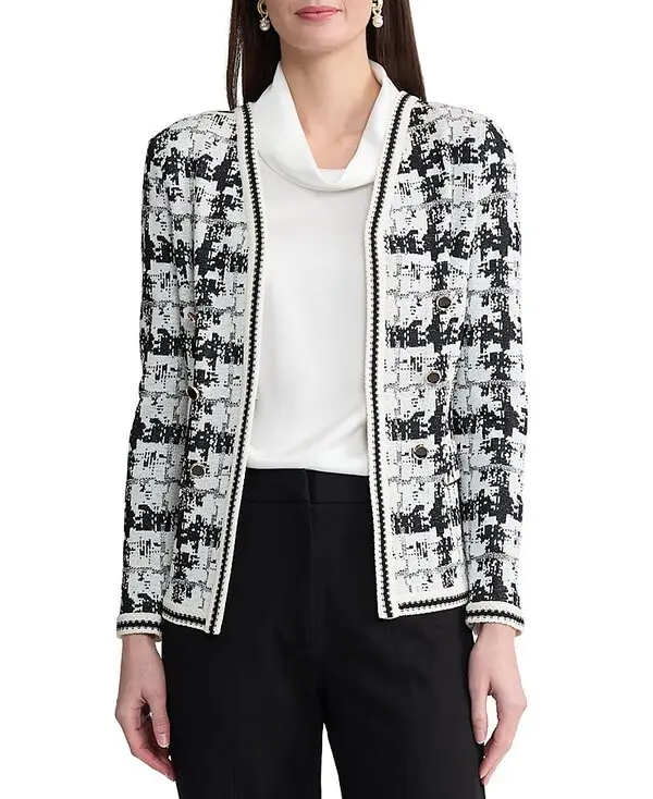 Misook Tailored Faux Double Breasted Knit Jacket - Black/new Ivory