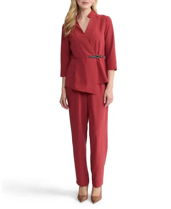 Misook Buckle Detail Crepe Wrap Blouse