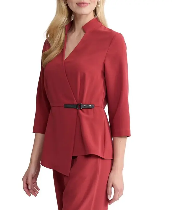 Misook Buckle Detail Crepe Wrap Blouse