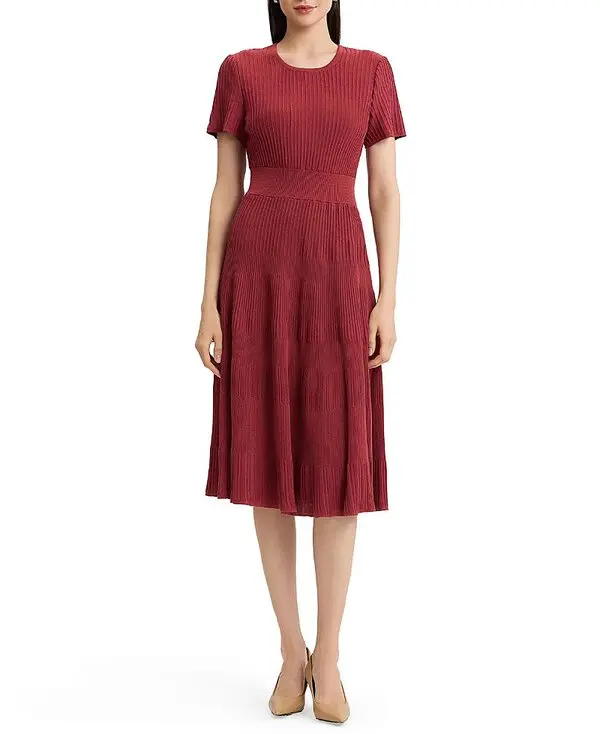 Misook Fit & Flare Tonal Ribbed Soft Knit Midi Dress - Russet