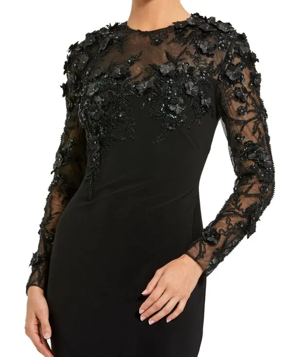 Mac Duggal Petite Long Sleeve Floral Embellished Column Gown
