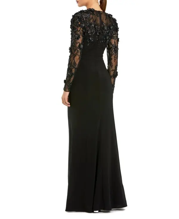 Mac Duggal Petite Long Sleeve Floral Embellished Column Gown