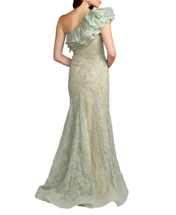 Mac Duggal Embroidered Organza One Shoulder Beaded Gown