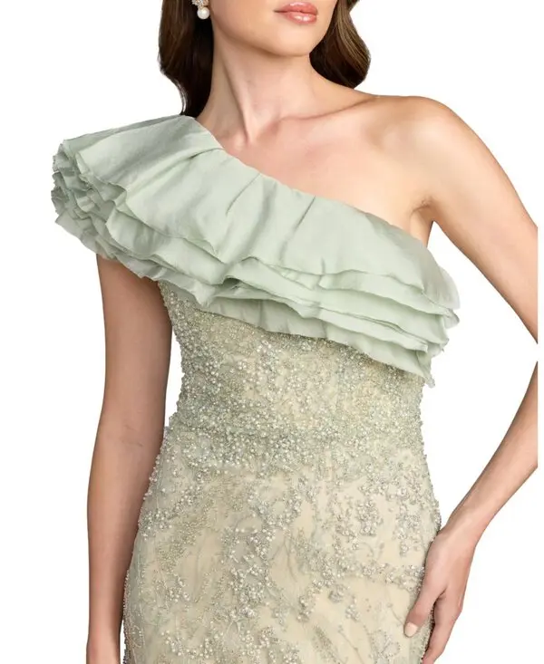 Mac Duggal Embroidered Organza One Shoulder Beaded Gown