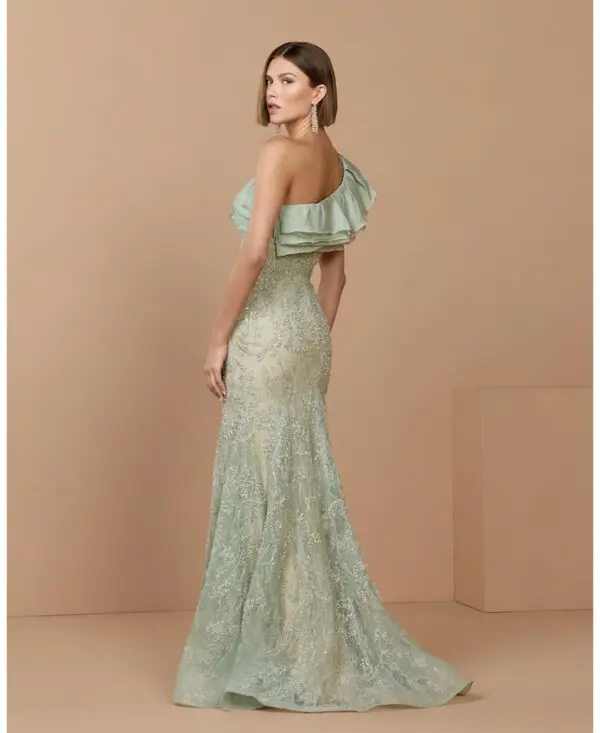 Mac Duggal Embroidered Organza One Shoulder Beaded Gown