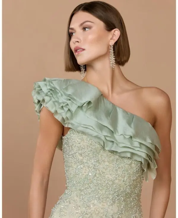 Mac Duggal Embroidered Organza One Shoulder Beaded Gown