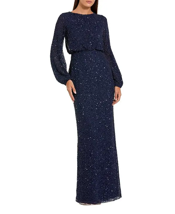 Mac Duggal Sequin Blouson Long Sleeve Gown - Navy
