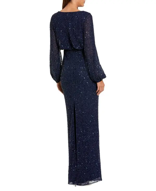 Mac Duggal Sequin Blouson Long Sleeve Gown