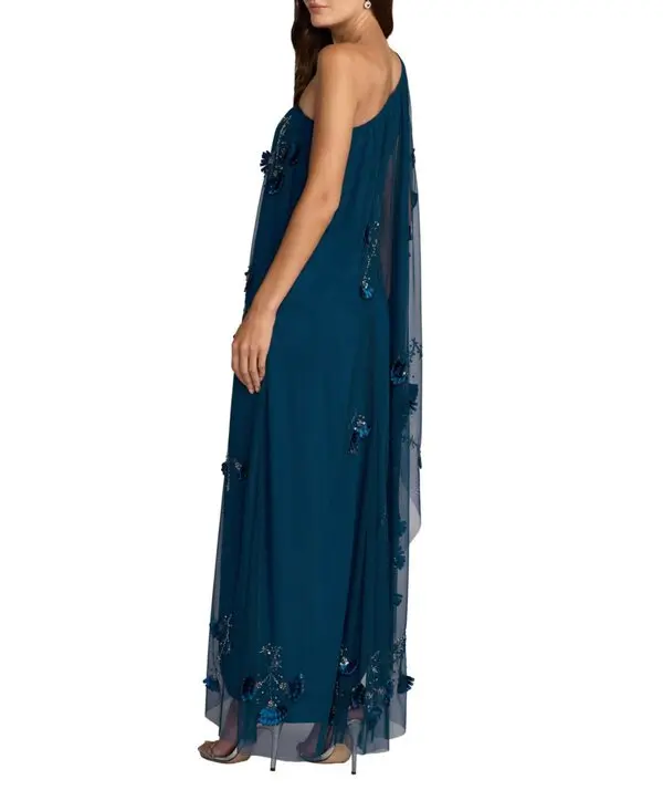Mac Duggal One Shoulder Asymmetrical Net Gown With Flowers