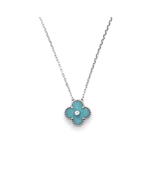 VAN CLEEF & ARPELS Vintage Alhambra Pendant Necklace 18k Gold And Green Celadon Sevres Porcelain With Diamond, 16.25 - White
