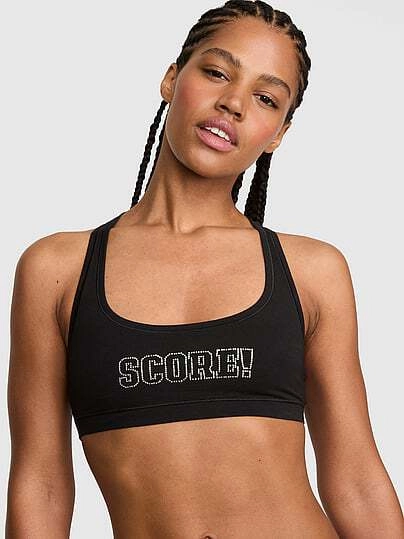 Pink Cotton Dorm Fleece Unlined Racerback Bralette - Black