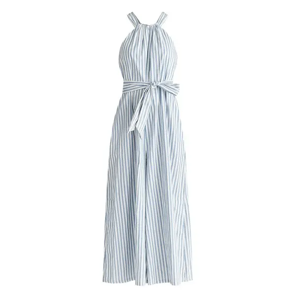 PAISIE Blue / White Striped Halterneck Cotton Jumpsuit In Light Blue & White