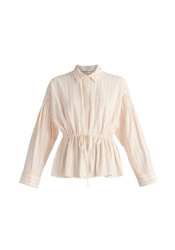 PAISIE Neutrals Striped Ruched Shirt In Sand