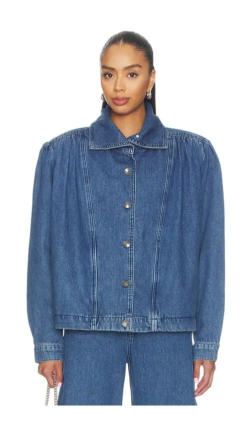 ROTATE BY BIRGER CHRISTENSEN Gathered Denim Jacket - Medium Blue Denim