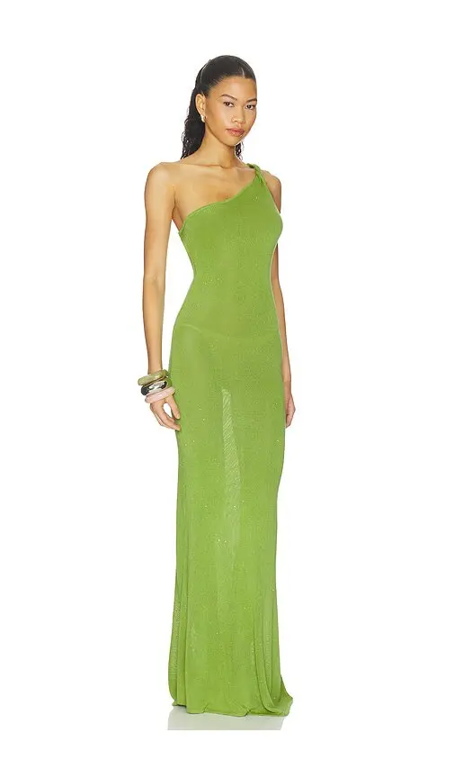 runaway green dress THE LABEL Asymmetric Neck Maxi With Sequin Embellishments - Kiwi colour: green-and-blue-tie-dye-print-mesh-off-the-shoulder-draped-midi-dress