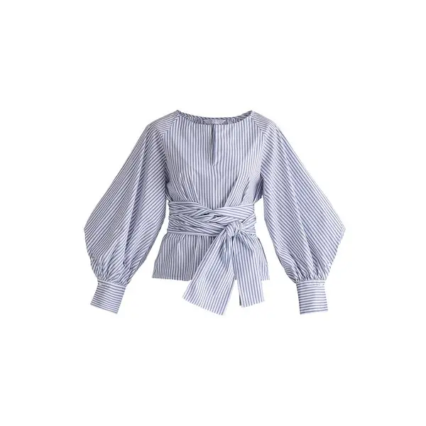 PAISIE White / Blue Striped Volume Sleeve Blouse With Matching Belt In White & Blue Stripes - White/blue