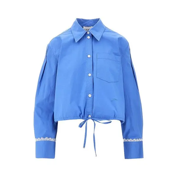 GANNI Cropped Logo Embroidered Poplin Shirt - Blue