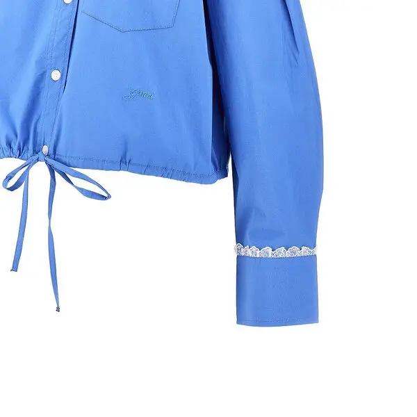 GANNI Cropped Logo Embroidered Poplin Shirt - Blue