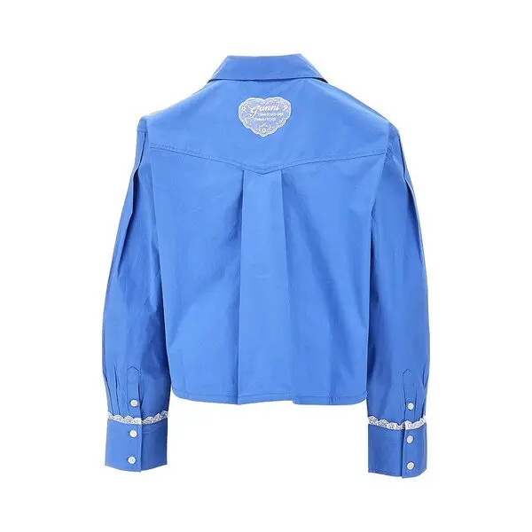 GANNI Cropped Logo Embroidered Poplin Shirt - Blue