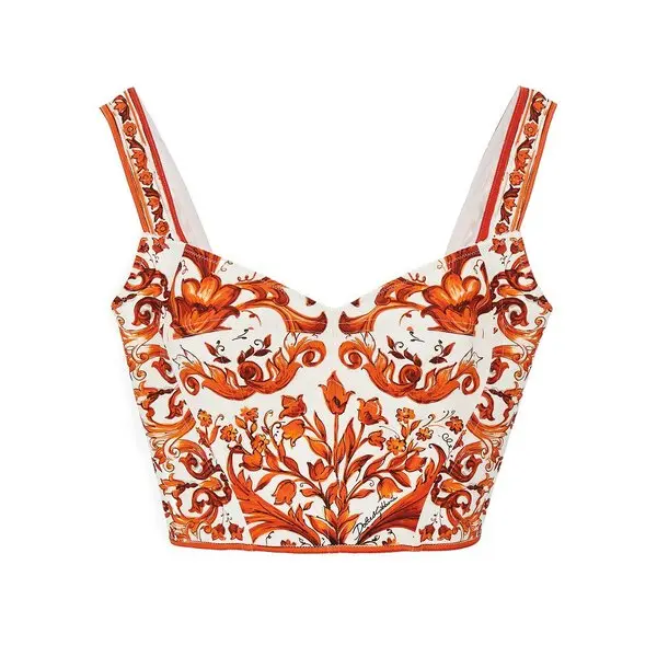 Dolce & Gabbana Charmeuse Bustier Top With Maiolica Print - Orange