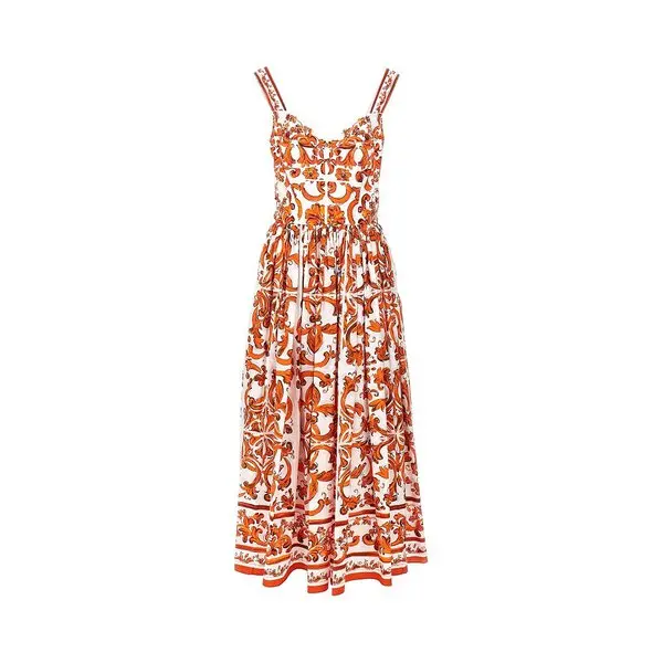 Dolce & Gabbana Sleeveless Cotton Poplin Maxi Dress With Maiolica Print - White