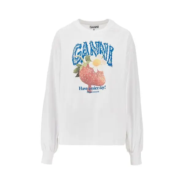 GANNI Long Sleeve Cotton Strawberry Print T-shirt - White