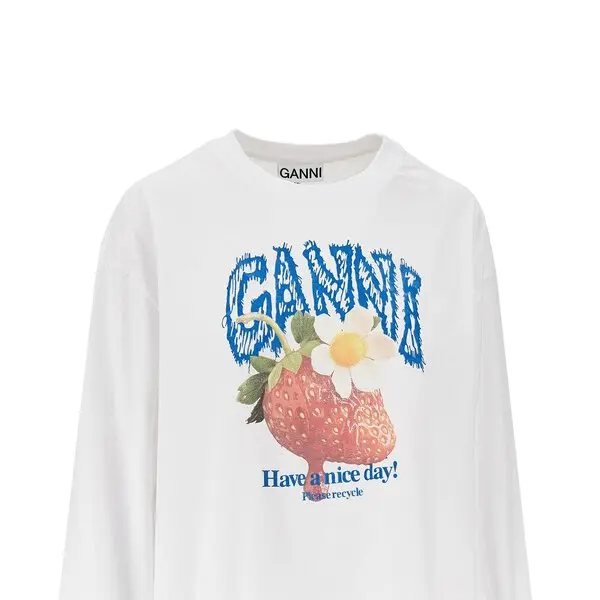 GANNI Long Sleeve Cotton Strawberry Print T-shirt - White
