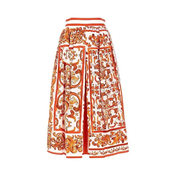 Dolce & Gabbana Majolica Print Pleated Midi Skirt - Orange