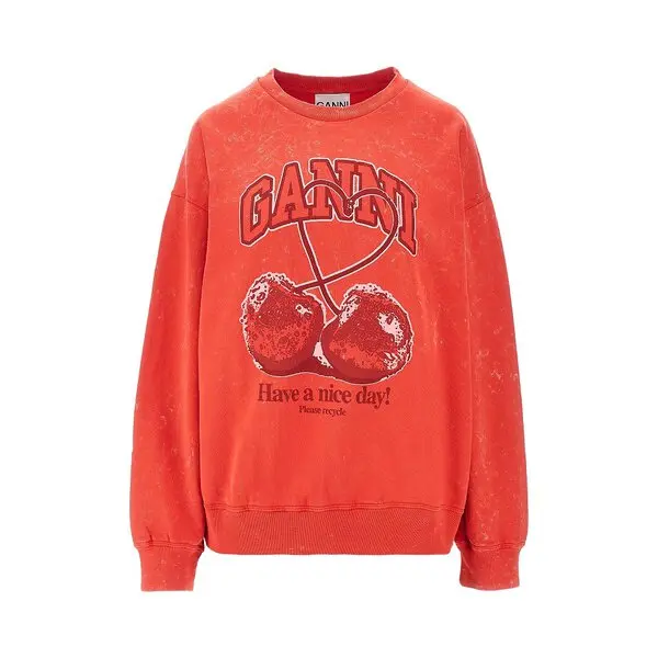 GANNI Cotton Sweatshirt With Cherry Print And Vintage Effect - Red