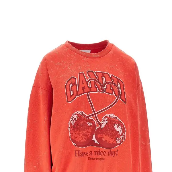 GANNI Cotton Sweatshirt With Cherry Print And Vintage Effect - Red