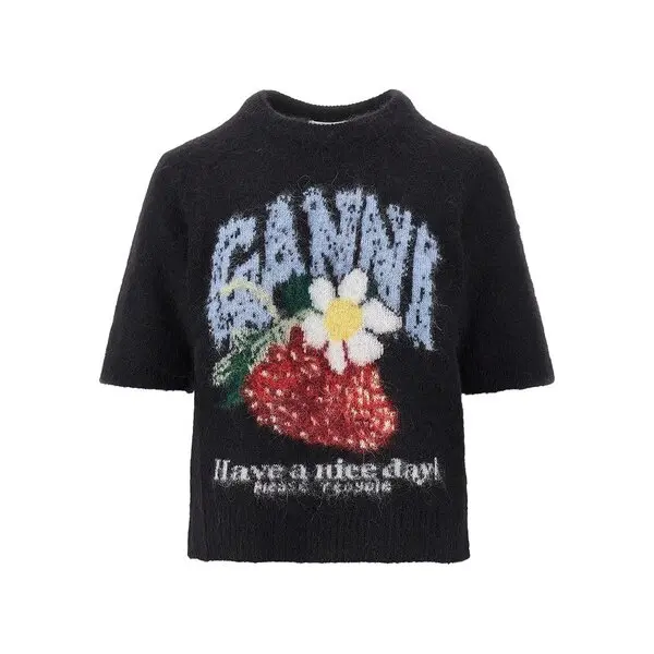GANNI Wool-blend Knitted Short-sleeved Top With Embroidered Strawberry Motif - Black