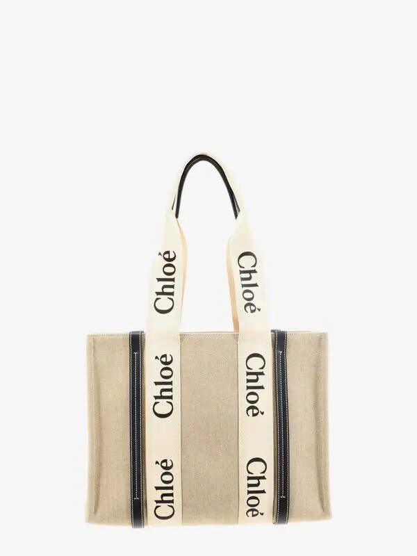 Chloé Woody Linen Shoulder Bag With Front Lettering Logo - Beige